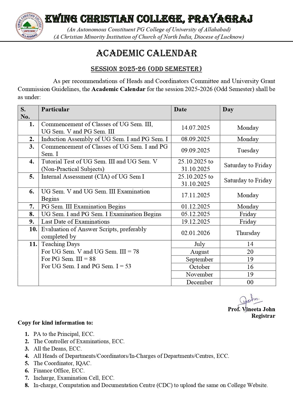 Academic Calendar | Ewing Christian College Prayagraj.